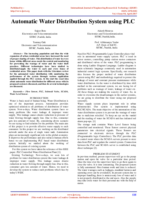 (PDF) Automatic Water Distribution System using PLC