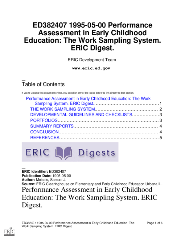 (PDF) Performance Assessment in Early Childhood Education: The Work ...
