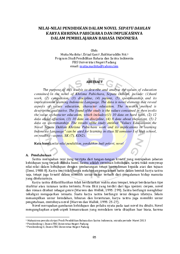 (PDF) Nilai-nilai Pendidikan dalam Novel Sepatu Dahlan Karya Khrisna Pabichara