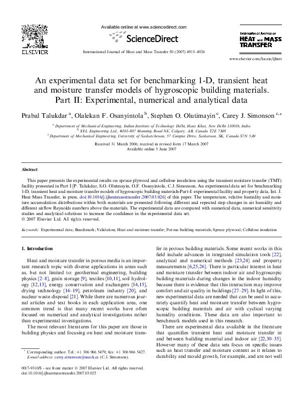 (PDF) An experimental data set for benchmarking 1-D, transient heat and moisture transfer models ...