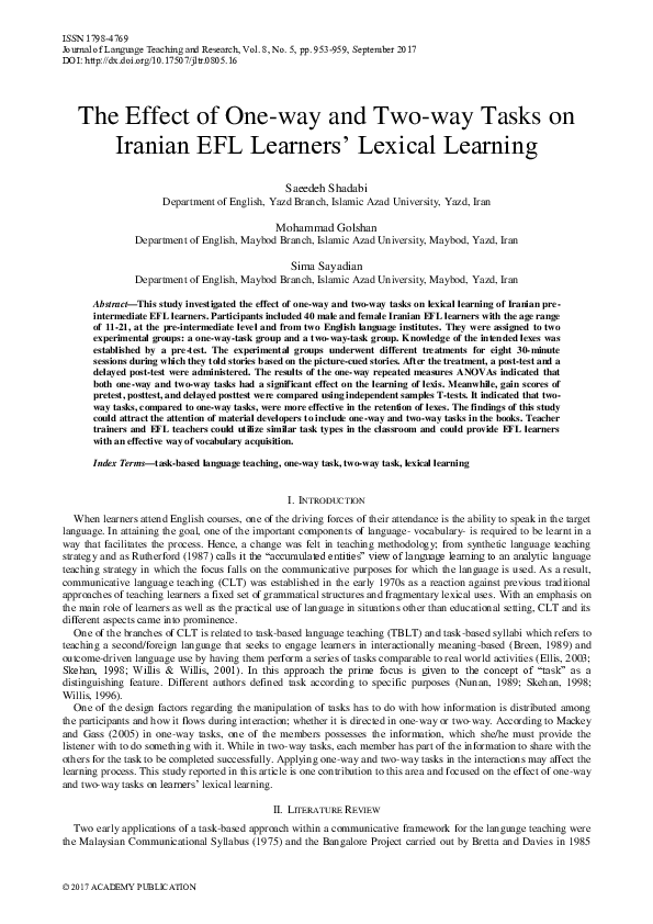 (PDF) The Effect of One-way and Two-way Tasks on Iranian EFL Learners’ Lexical Learning