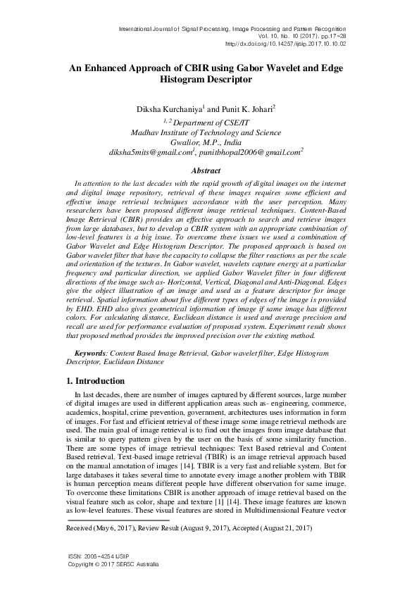 Pdf An Enhanced Approach Of Cbir Using Gabor Wavelet And Edge Histogram Descriptor Diksha