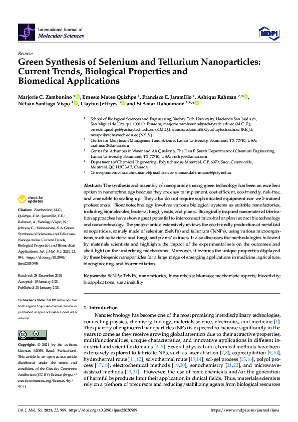 (PDF) Green Synthesis of Selenium and Tellurium Nanoparticles: Current Trends, Biological ...