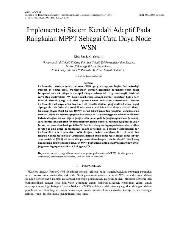 (PDF) Implementasi Sistem Kendali Adaptif Pada Rangkaian MPPT Sebagai Catu Daya Node WSN