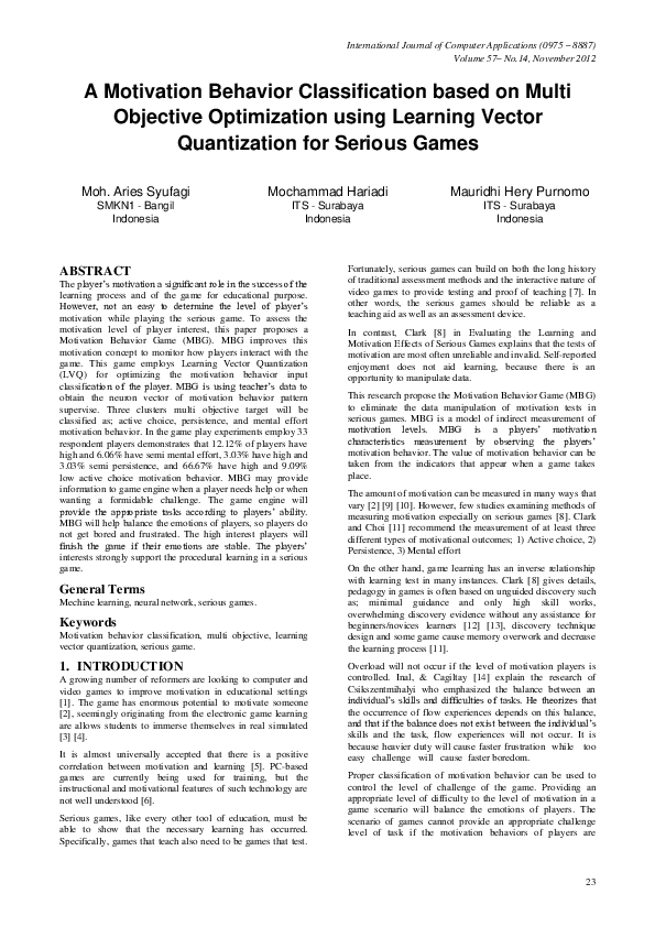 (PDF) A Motivation Behavior Classification based on Multi Objective Optimization using Learning ...