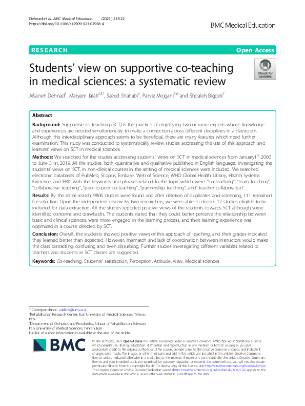 (PDF) Students’ view on supportive co-teaching in medical sciences: a ...