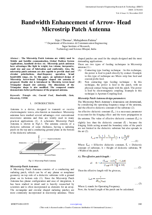 (PDF) Bandwidth Enhancement of Arrow- Head Microstrip Patch Antenna