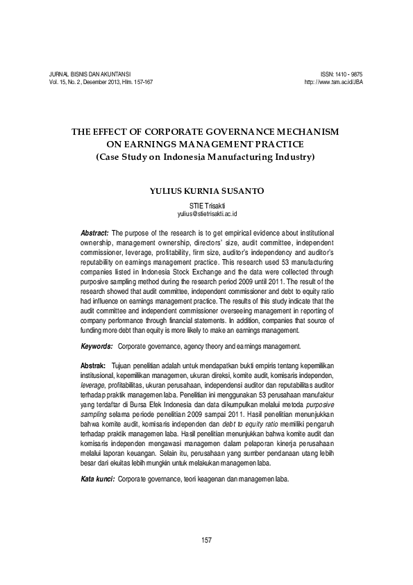 (PDF) THE EFFECT OF CORPORATE GOVERNANCE MECHANISM ON EARNINGS MANAGEMENT PRACTICE (Case Study ...