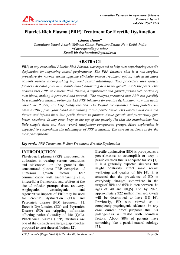 (PDF) Platelet-Rich Plasma (PRP) Treatment for Erectile Dysfunction