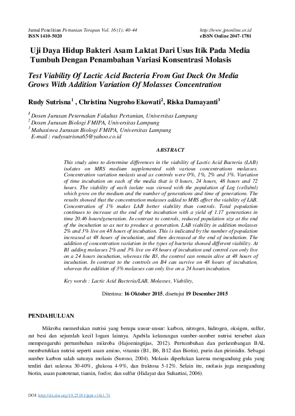 (PDF) Uji Daya Hidup Bakteri Asam Laktat Dari Usus Itik Pada Media Tumbuh Dengan Penambahan ...