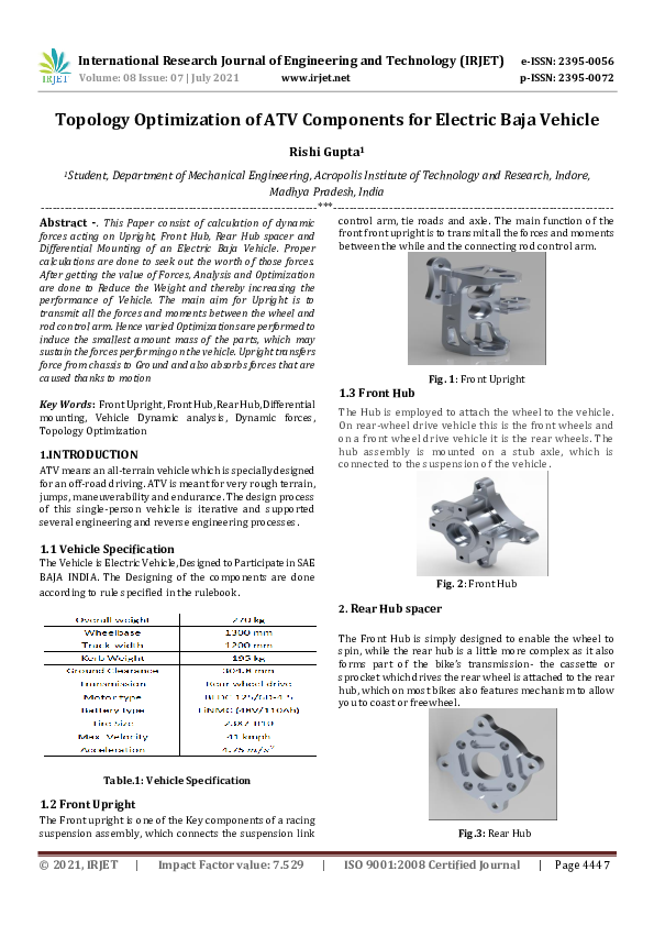 Pdf Irjet Topology Optimization Of Atv Components For Electric Baja