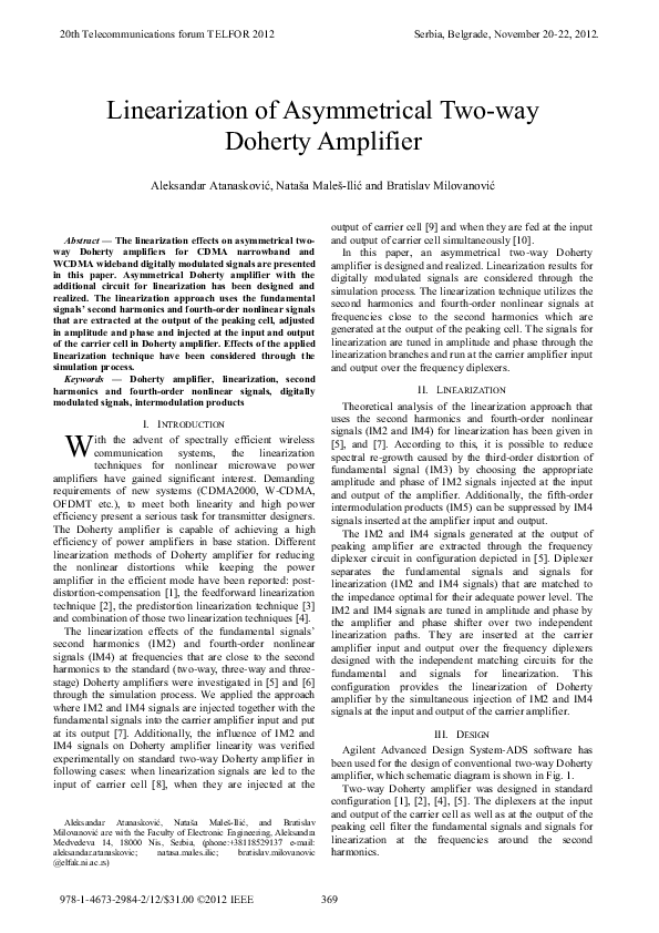 (PDF) Linearization of asymmetrical two-way Doherty amplifier