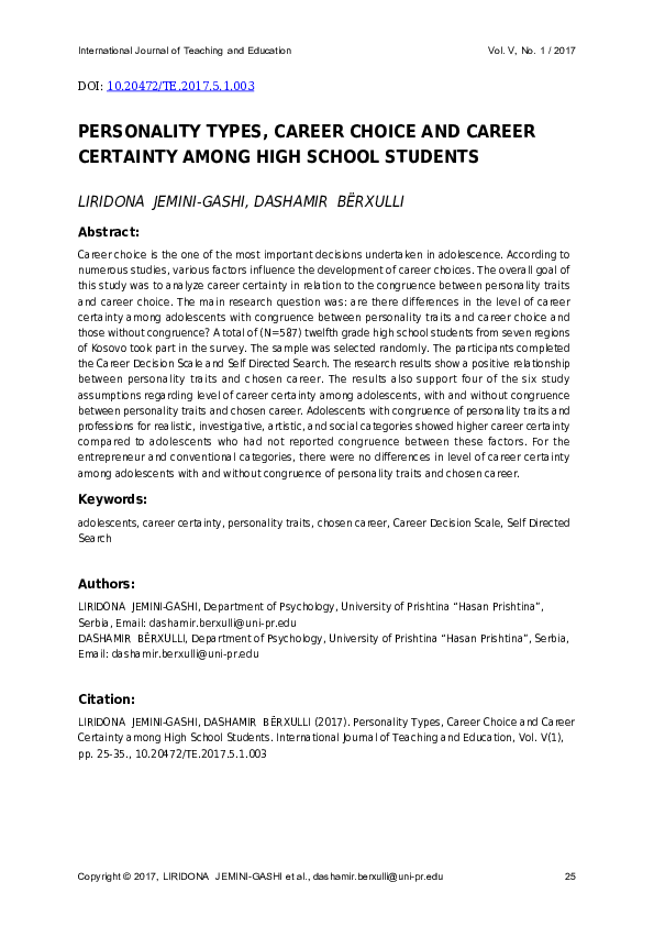 (PDF) Personality Types, Career Choice and Career Certainty Among High ...