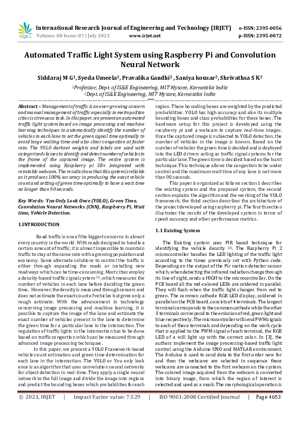 Pdf Irjet Automated Traffic Light System Using Raspberry Pi And Convolution Neural Network
