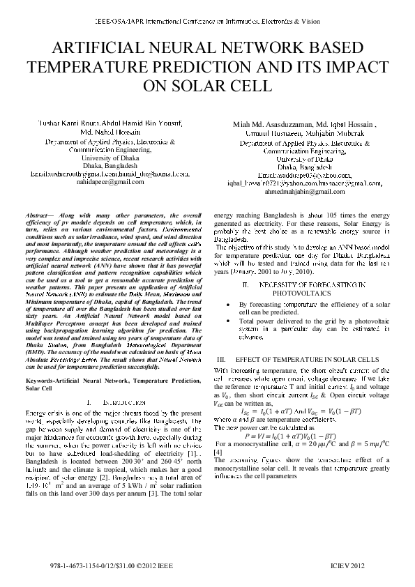 Pdf Artificial Neural Network Based Temperature Prediction And Its Impact On Solar Cell