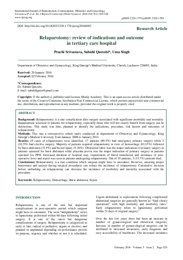 (PDF) Relaparotomy: review of indications and outcome in tertiary care ...