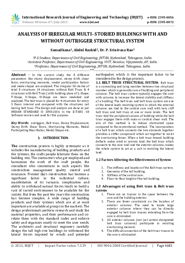 Pdf Analysis Of Irregular Multi Storied Buildings With And Without Outrigger Structural System