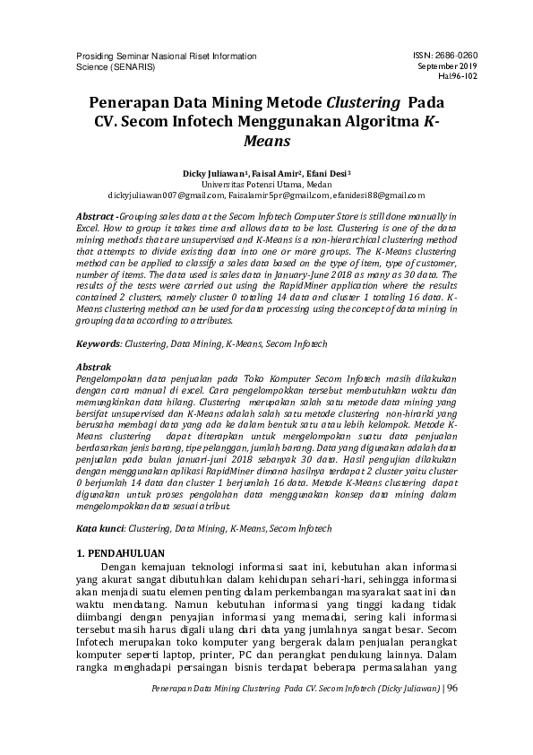 Pdf Penerapan Data Mining Metode Clustering Pada Cv Secom Infotech Menggunakan Algoritma K Means