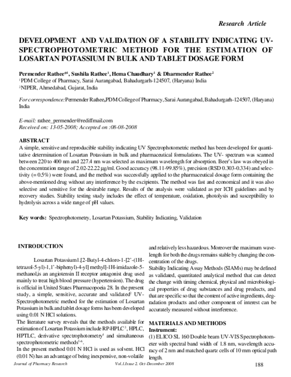 (PDF) Development and validation of a stability indicating UV- spectrophotometric method for the ...