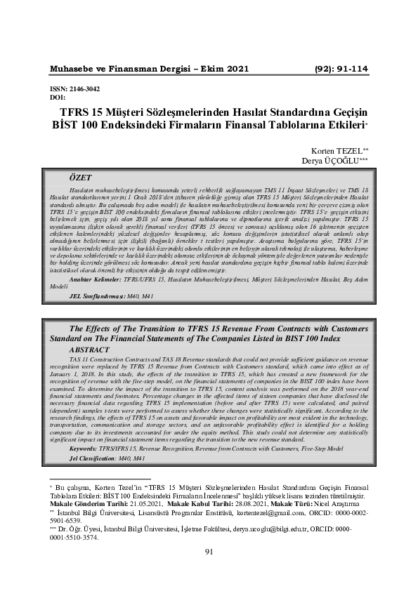 (PDF) TFRS 15 Müşteri Sözleşmelerinden Hasılat Standardına Geçişin BİST ...