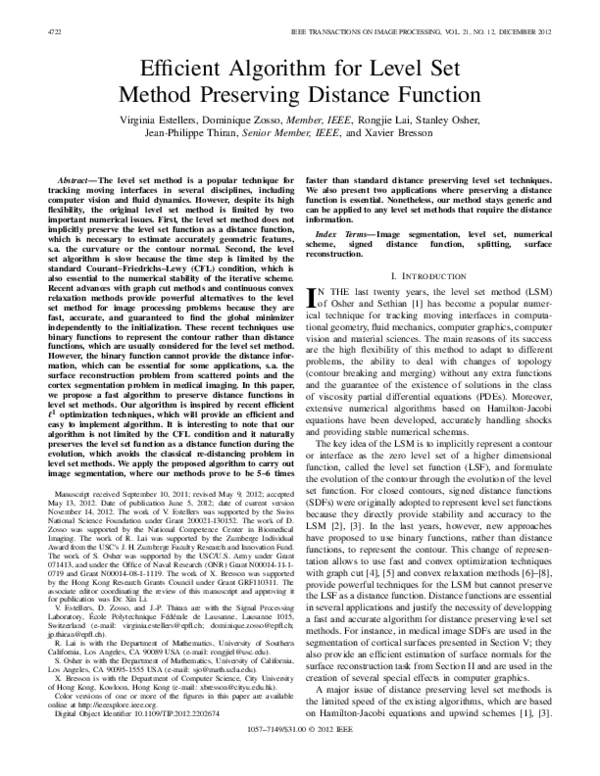 Pdf Efficient Algorithm For Level Set Method Preserving Distance Function 