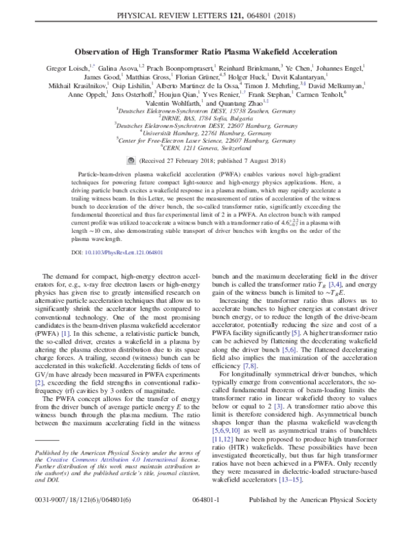 (PDF) Observation of High Transformer Ratio Plasma Wakefield Acceleration