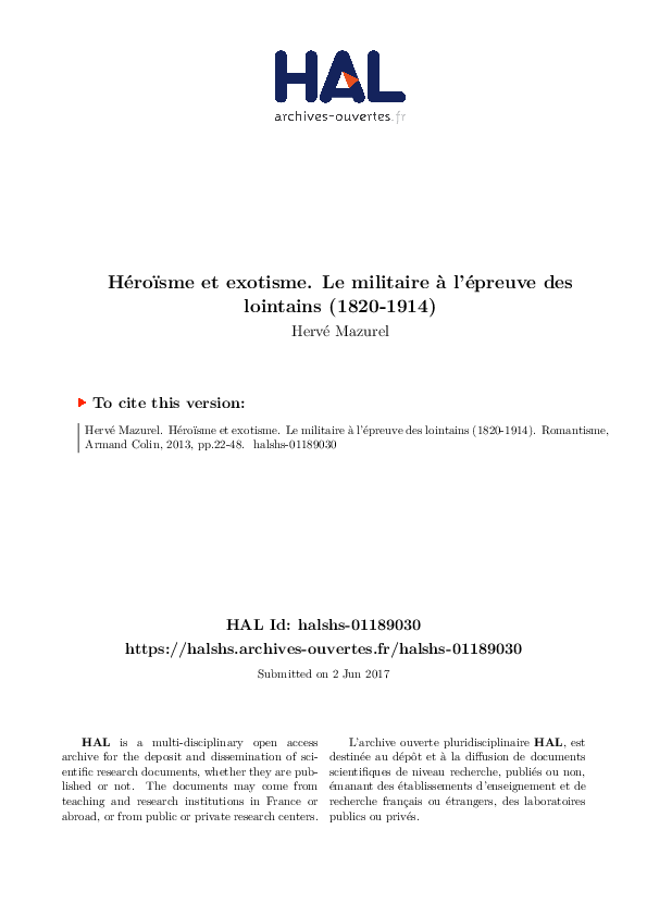 (PDF) Héroïsme et exotisme. Le militaire à l'épreuve des lointains (1820-1914) | Hervé Mazurel ...