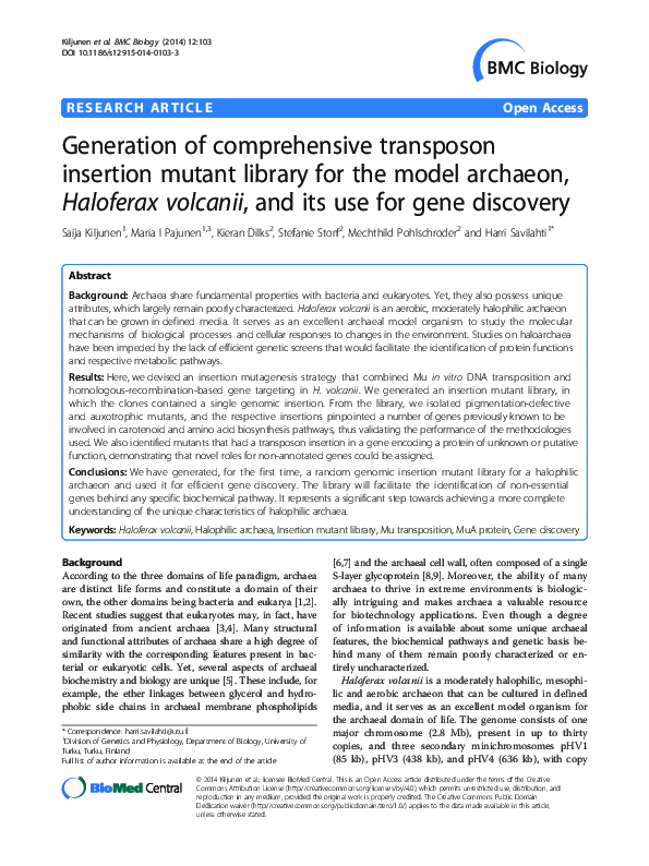 (PDF) Generation of comprehensive transposon insertion mutant library for the model archaeon ...
