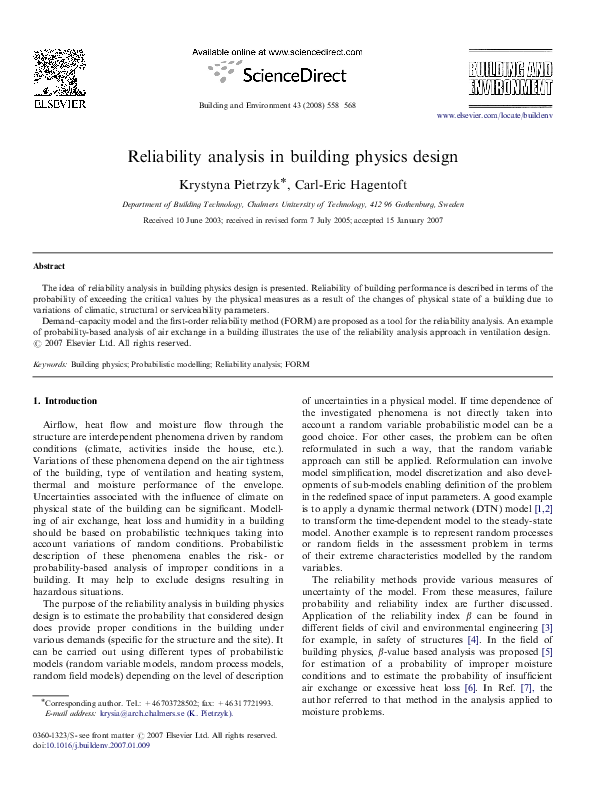 (PDF) Reliability analysis in building physics design