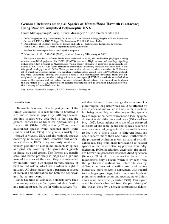 (PDF) Genomic Relations among 31 Species of Mammillaria Haworth ...