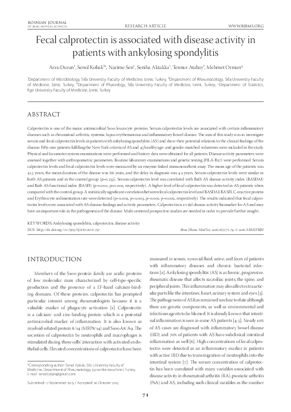 (PDF) Fecal calprotectin is associated with disease activity in patients with ankylosing spondylitis