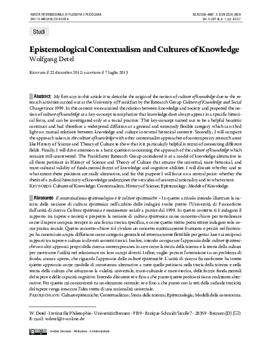 (PDF) Epistemological Contextualism and Cultures of Knowledge