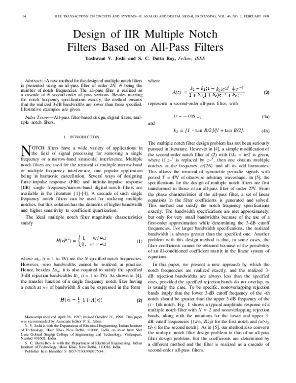 (PDF) Design of IIR multiple notch filters based on all-pass filters