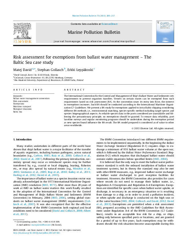 (PDF) Risk assessment for exemptions from ballast water management ...