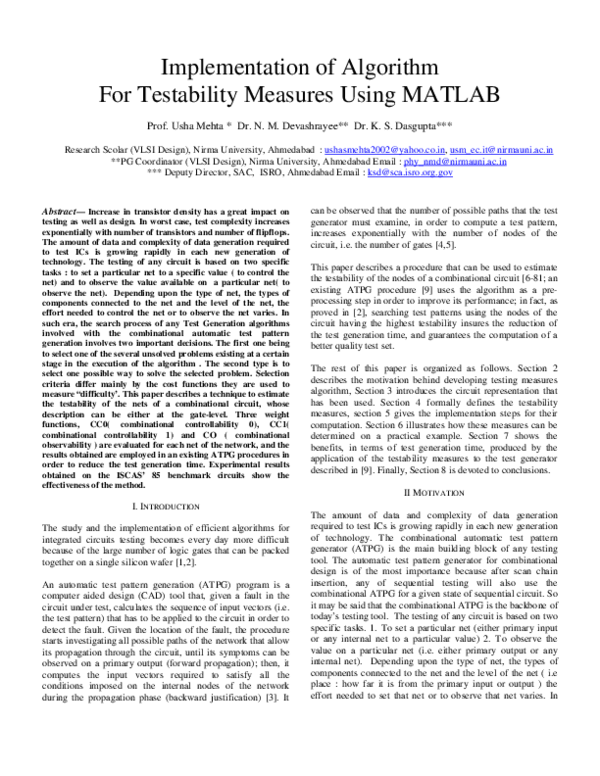 (PDF) Implementation of Algorithm For Testability Measures Using MATLAB