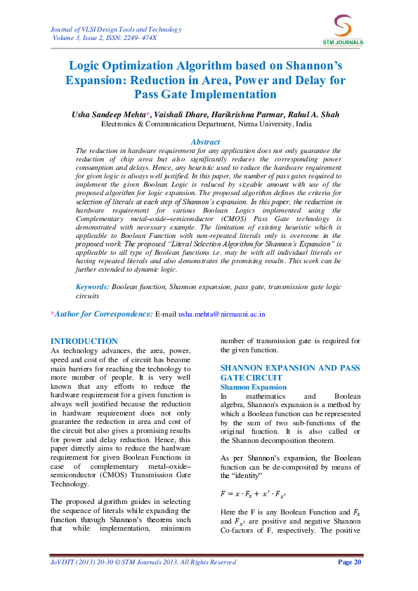 Pdf Logic Optimization Algorithm Based On Shannons Expansion Reduction In Area Power And 