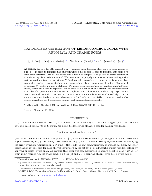 (PDF) Randomized generation of error control codes with automata and transducers