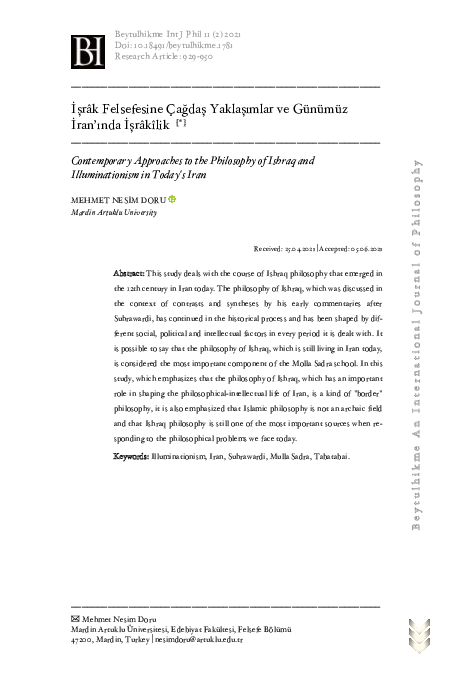 (PDF) İşrâk Felsefesine Çağdaş Yaklaşımlar ve Günümüz İran'ında İşrâkîlik