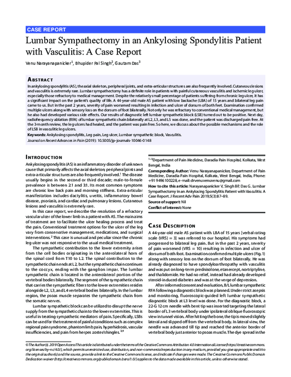 (PDF) Lumbar Sympathectomy in an Ankylosing Spondylitis Patient with Vasculitis: A Case Report
