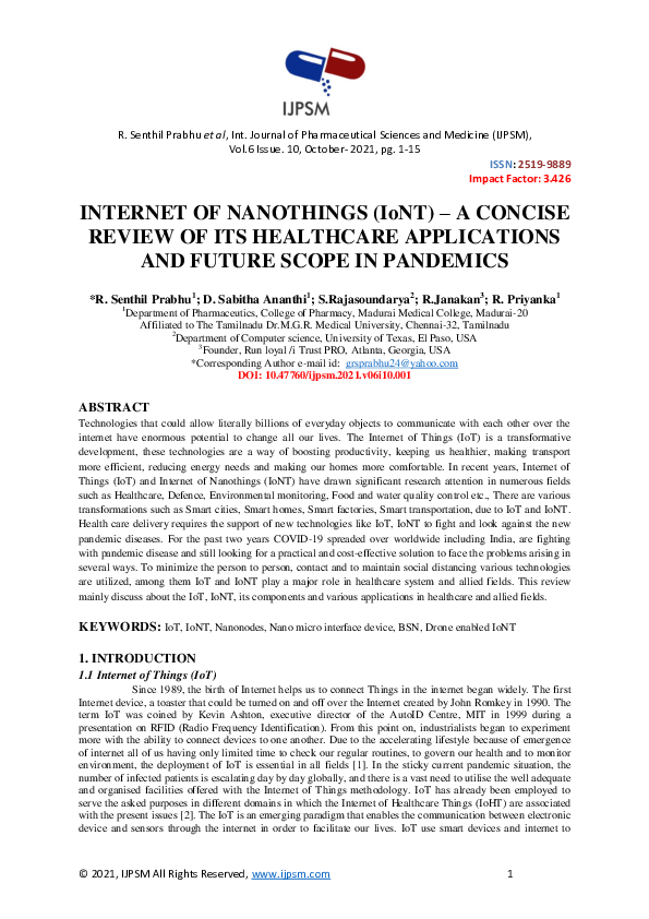 (PDF) INTERNET OF NANOTHINGS (IoNT) – A CONCISE REVIEW OF ITS ...