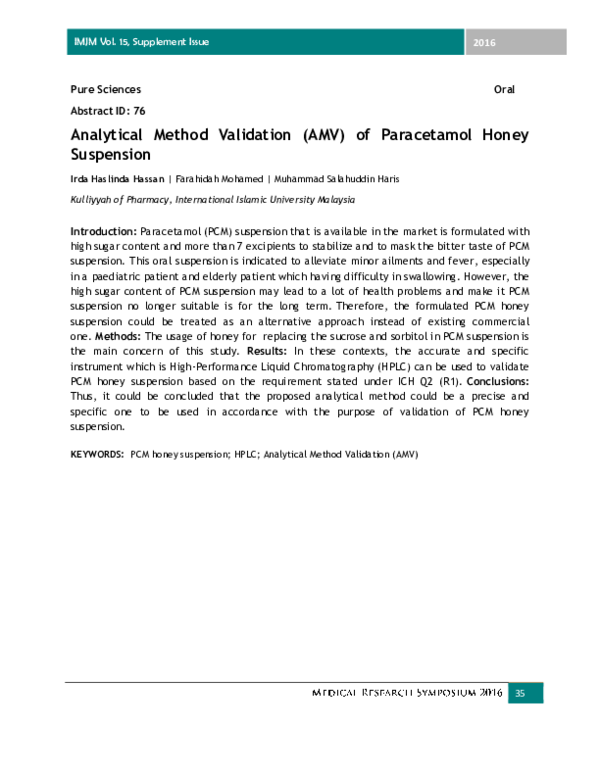 (PDF) Analytical Method Validation (AMV) of Paracetamol Honey Suspension