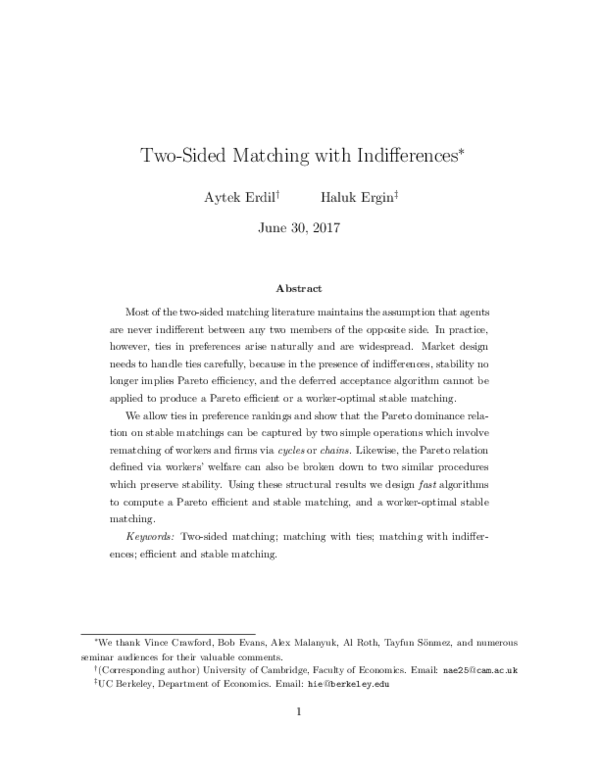 (PDF) Two-sided matching with indifferences