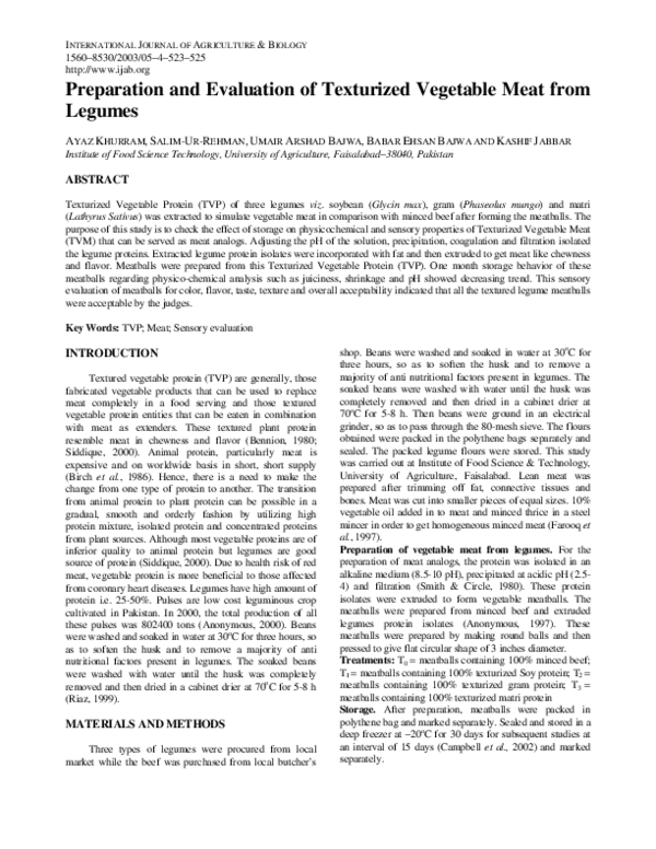 (PDF) Preparation and Evaluation of Texturized Vegetable Meat from Legumes