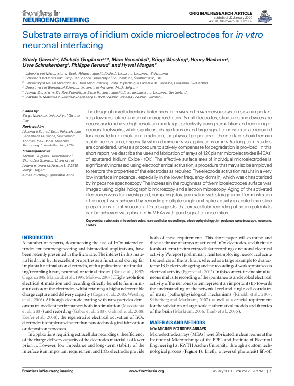 (PDF) Substrate arrays of Iridium Oxide microelectrodes for in vitro neuronal interfacing