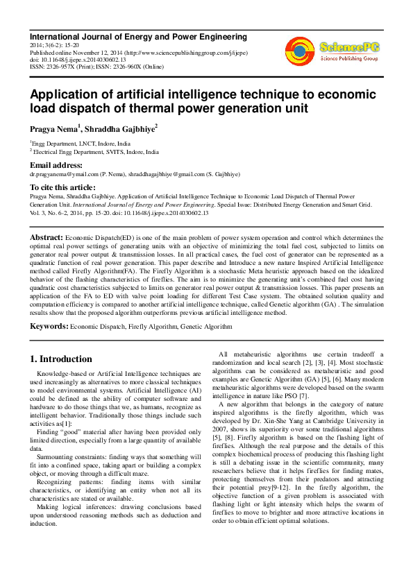(PDF) AI Technique for Economic Dispatch in Thermal Power Systems