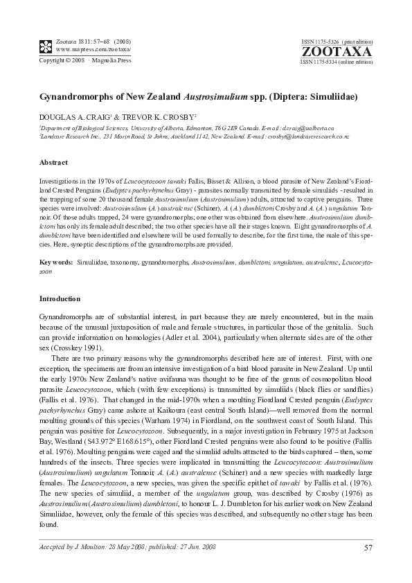 (PDF) Gynandromorphs of New Zealand Austrosimulium spp. (Diptera ...