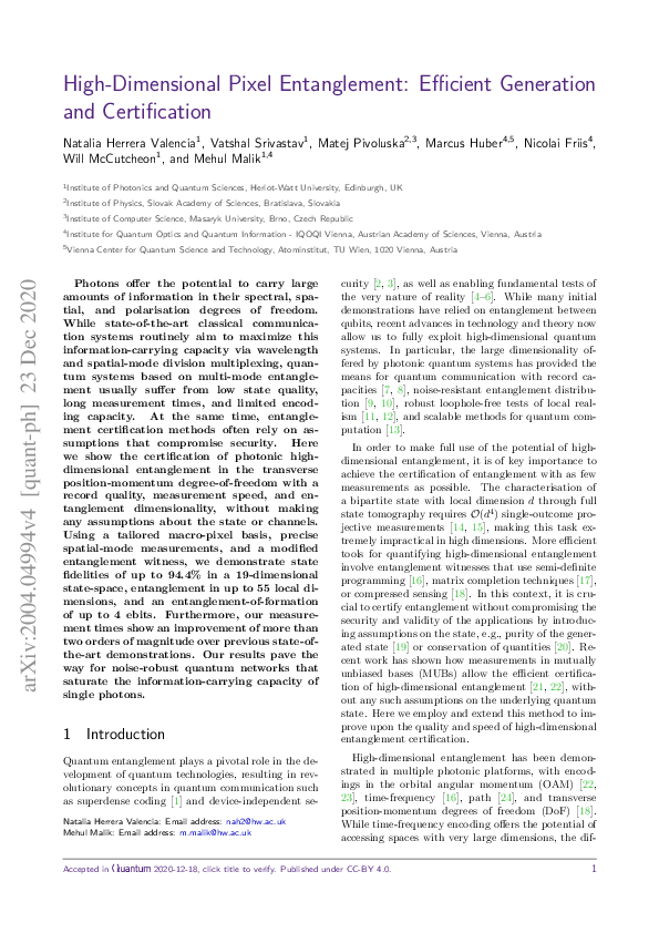 Pdf High Dimensional Pixel Entanglement Efficient Generation And