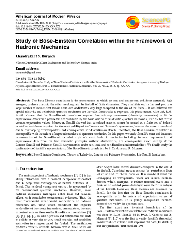 (PDF) Study of Bose-Einstein Correlation Within the Framework of Hadronic Mechanics