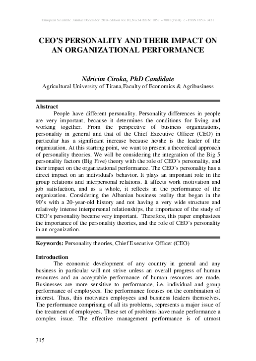 (PDF) Ceo’s Personality and Their Impact on an Organizational Performance