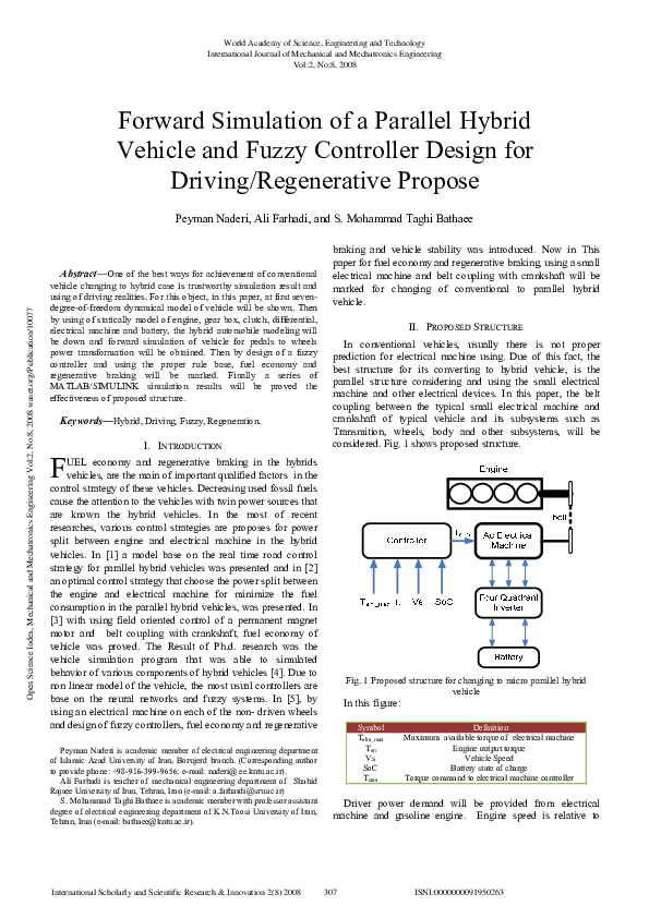 (PDF) Forward Simulation of a Parallel Hybrid Vehicle and Fuzzy Controller Design for Driving ...